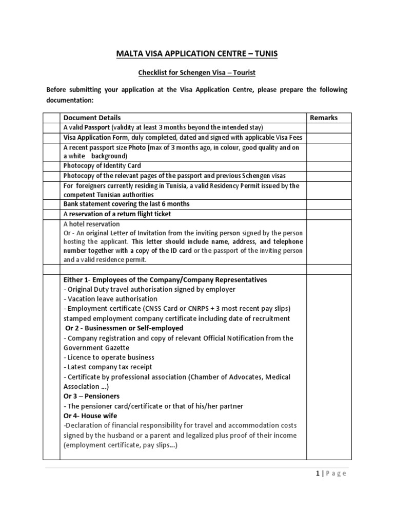 Checklist for Schengen Tourist Visa Application to Malta from Tunisia ...