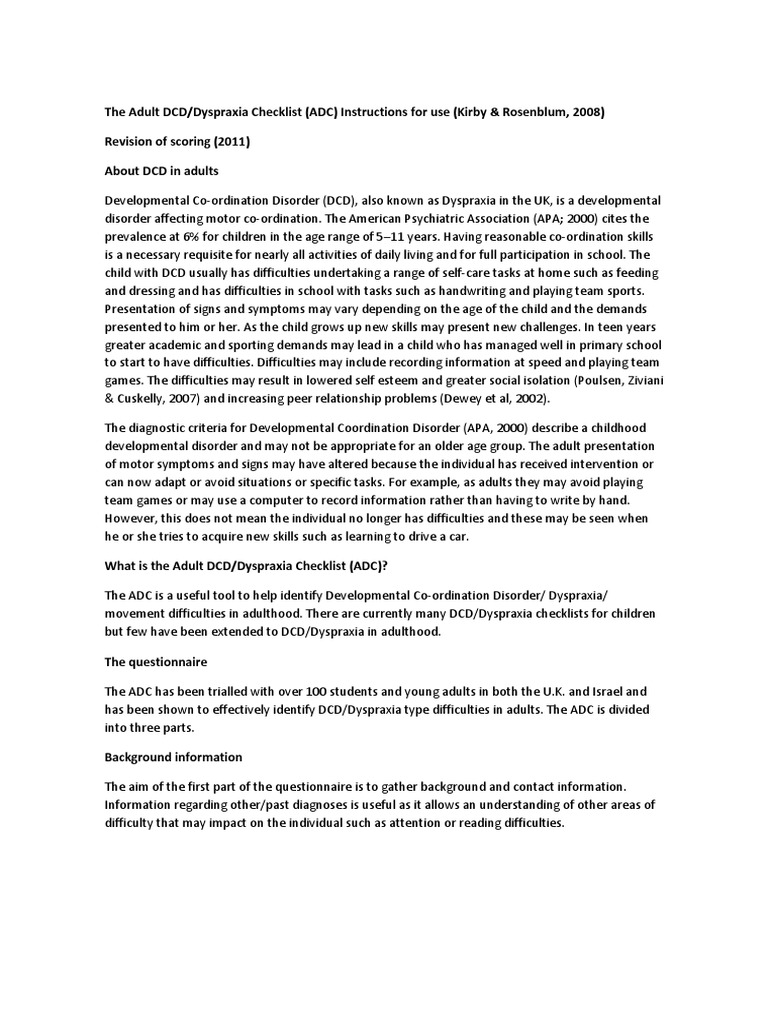 The Adult DCD/Dyspraxia Checklist (ADC) Instructions For Use (Kirby ...