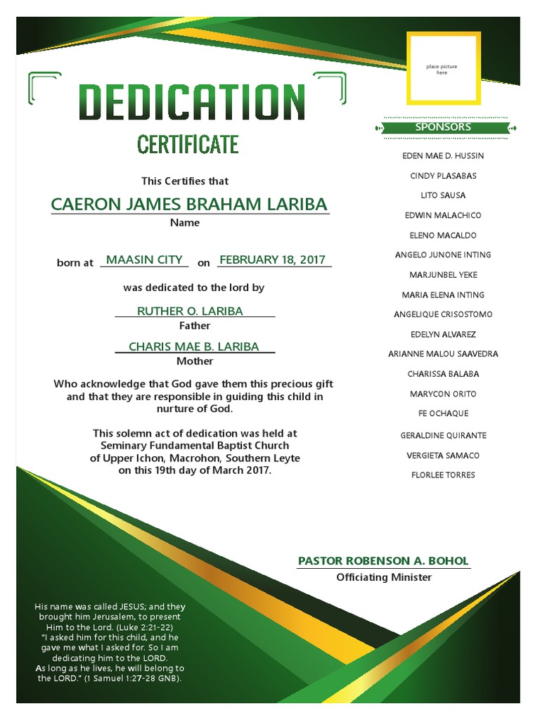 Dedication Certificate | PDF | Christian Movements | Religious Faiths