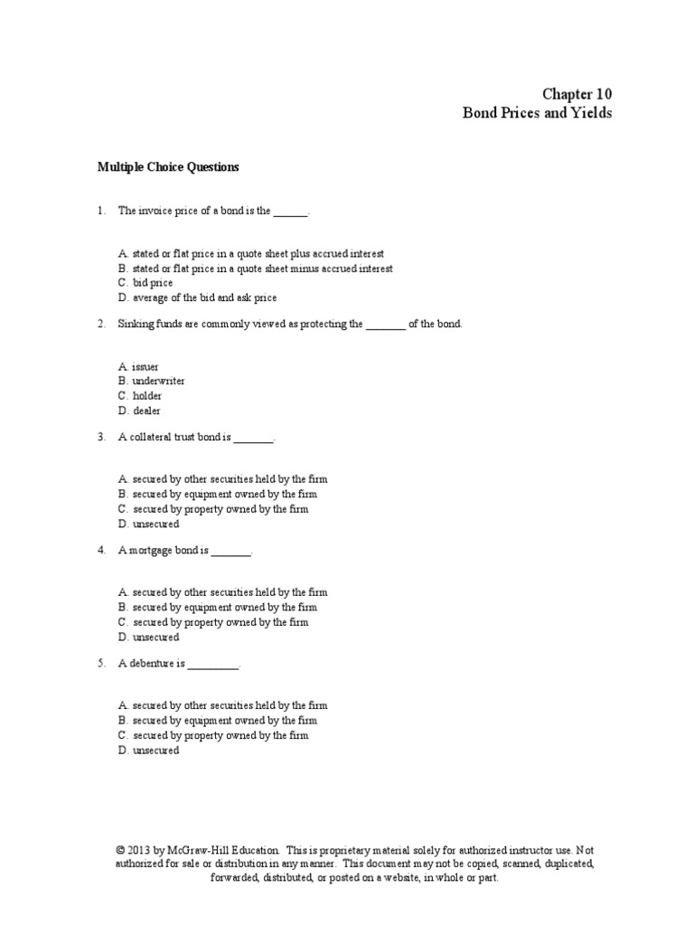 Bond Prices and Yields: Multiple Choice Questions | PDF | Bonds ...
