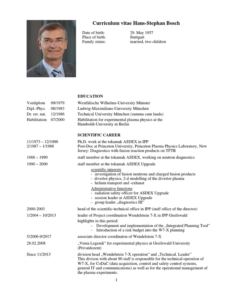 Curriculum Vitae Hans-Stephan Bosch: Education | PDF | Nuclear Fusion | Phases Of Matter
