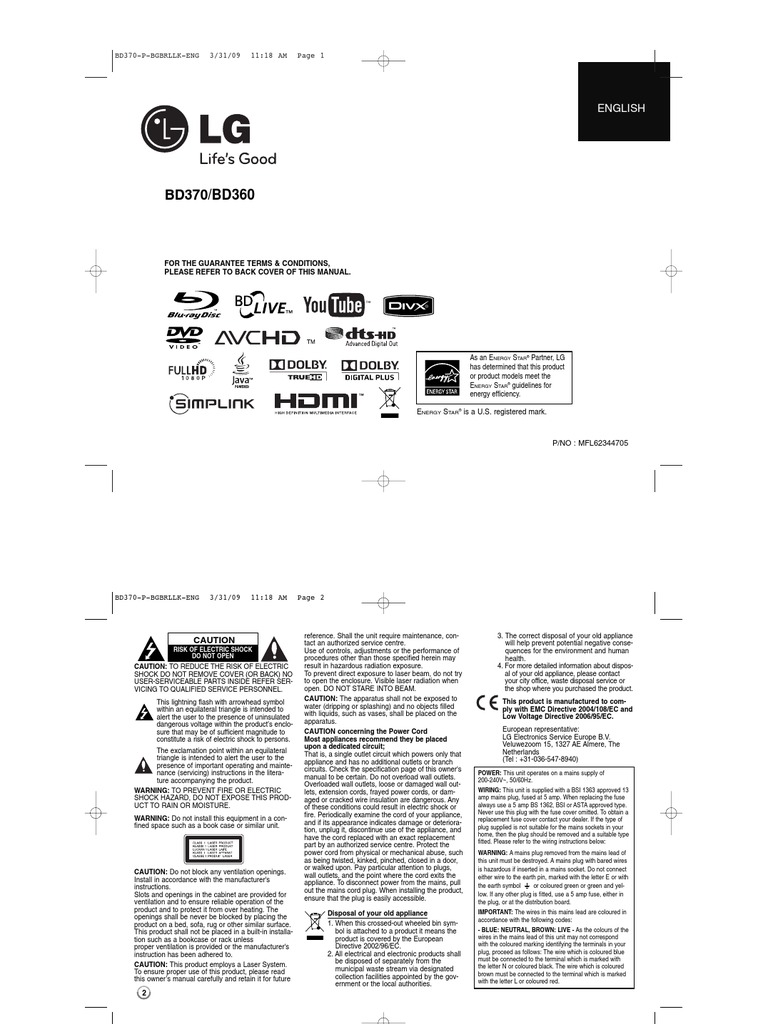 LG BD370 Manual | PDF | Blu Ray | Compact Disc