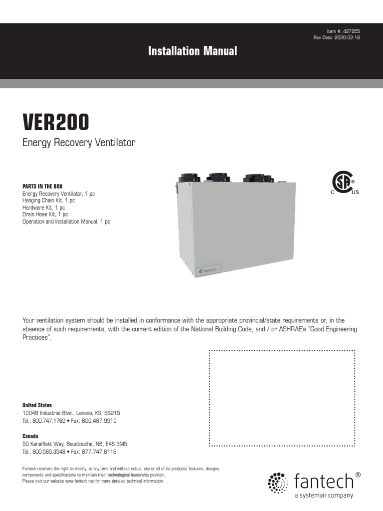 Installation Manual: Energy Recovery Ventilator | PDF | Duct (Flow ...