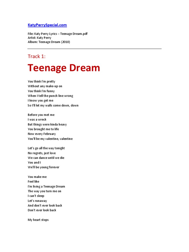 Katy Perry Lyrics Teenage Dream | PDF | Leisure | Nature