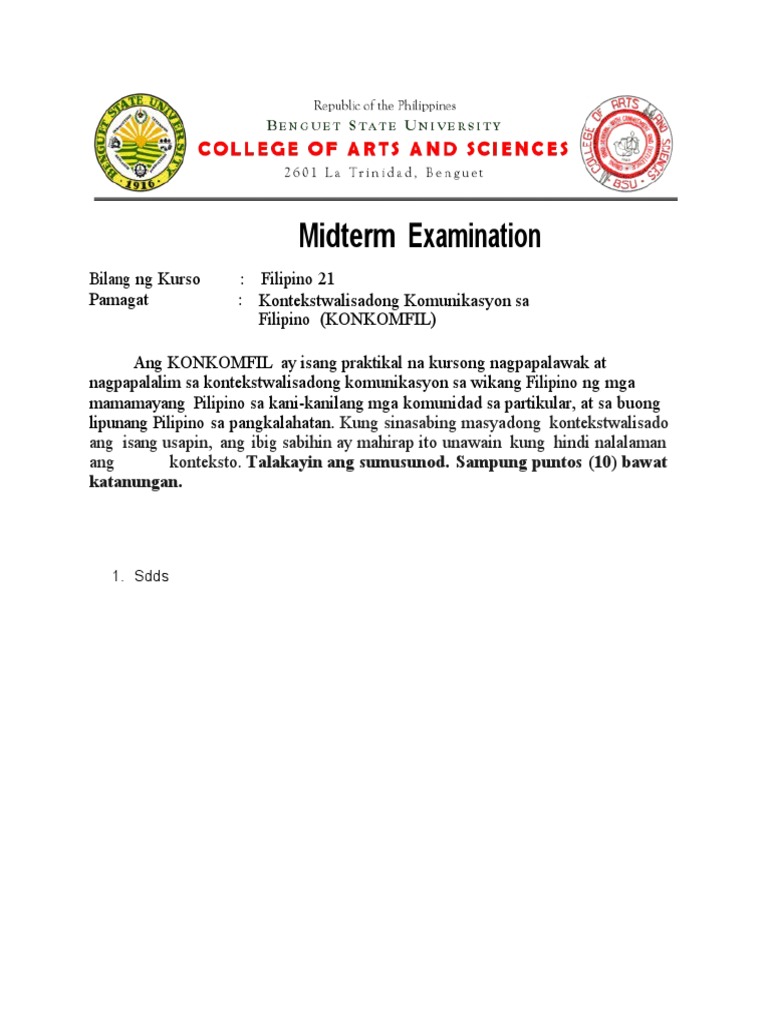 Midterm Examination Kontekstwalisadong Filipino | PDF