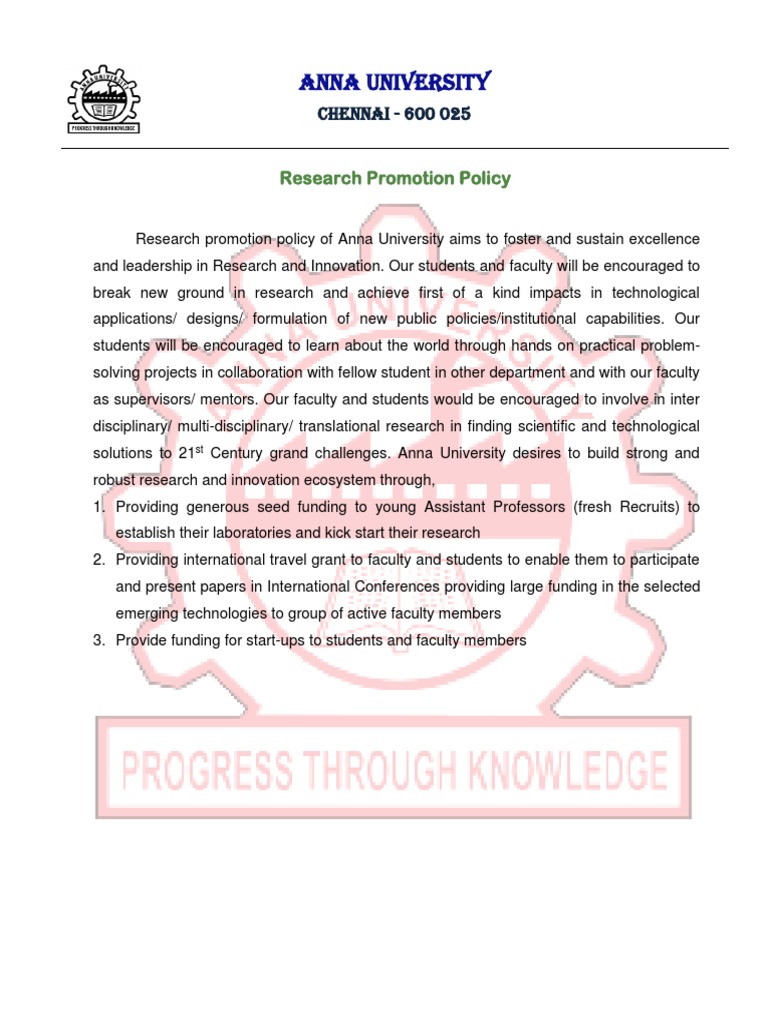 Anna University Research Promotion Policy | PDF