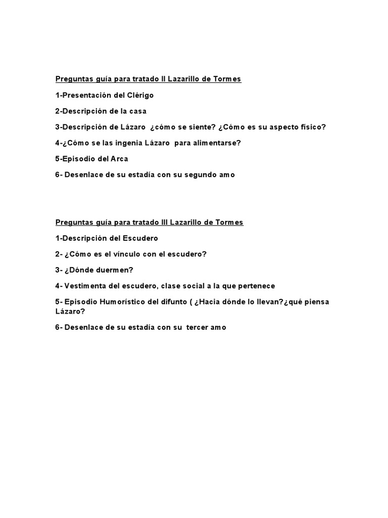 Preguntas Guía para Tratado II y III Lazarillo de Tormes | PDF