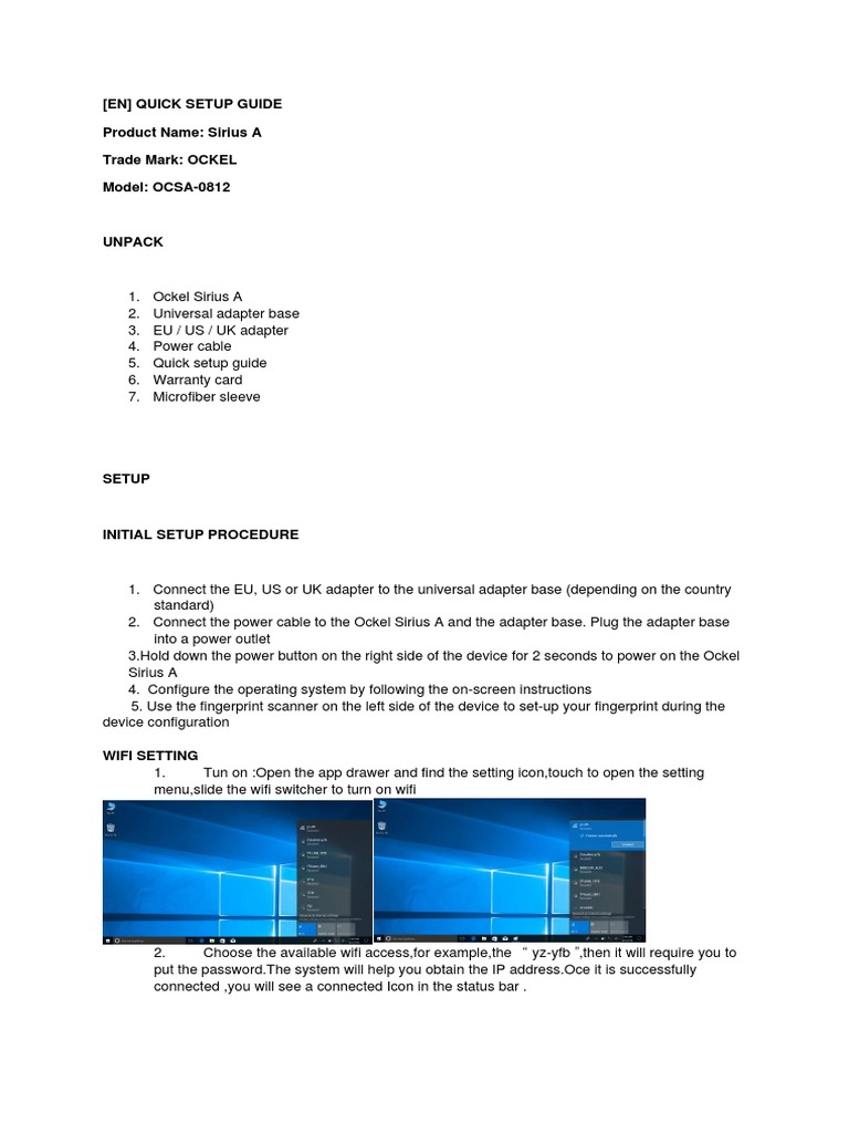 En Quick Setup Guide Product Name Sirius A Trade Mark Ockel Model