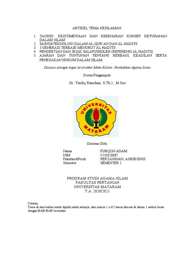 Dr. Taufiq Ramdani, S.Th.I., M.Sos: Disusun Sebagai Tugas Terstruktur ...