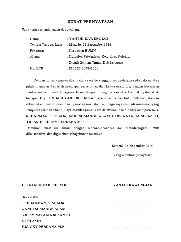 Surat Pernyataan Masuk Islam | PDF