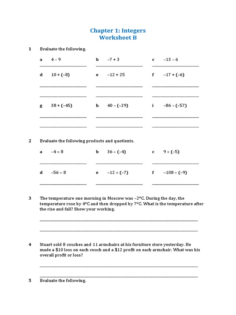 Chapter 1 Integer Worksheet | PDF | Number Theory | Algebra