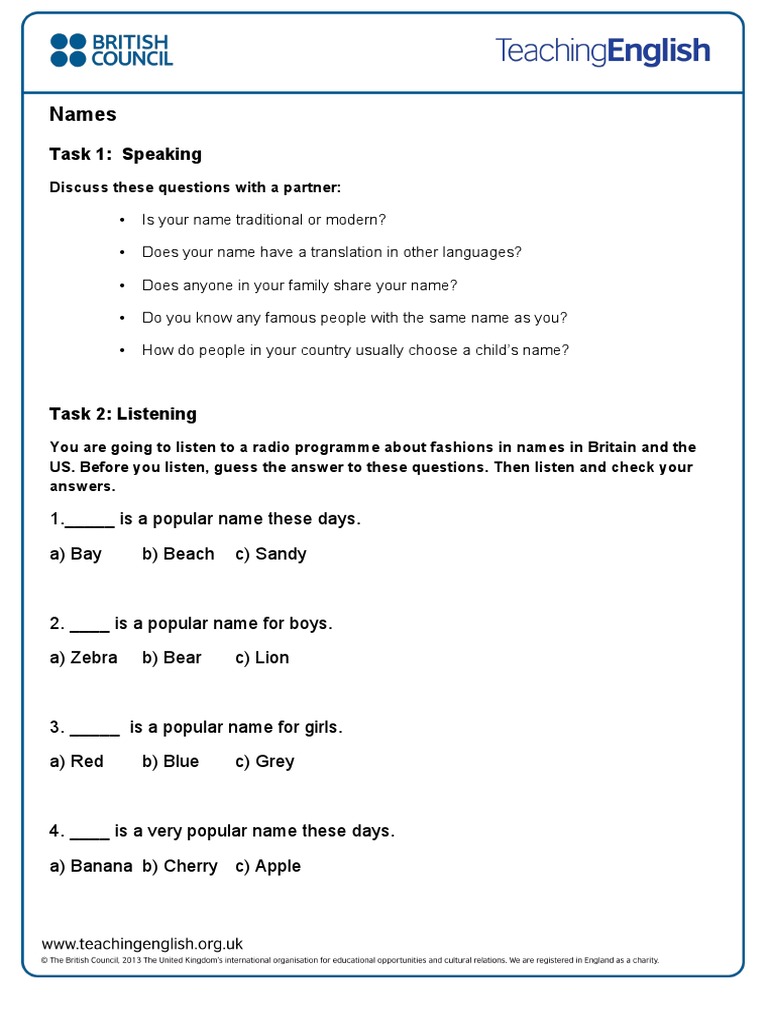 Names Student Worksheet | PDF