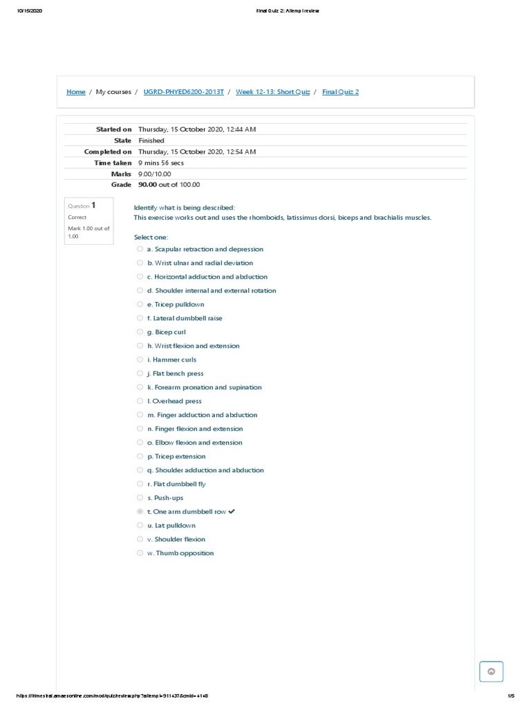 Final Quiz 2 - Attempt Review | PDF | Anatomical Terms Of Motion | Elbow