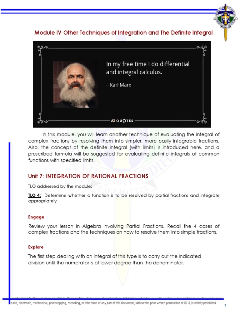Module IV Other Techniques of Integration and The Definite Integral ...