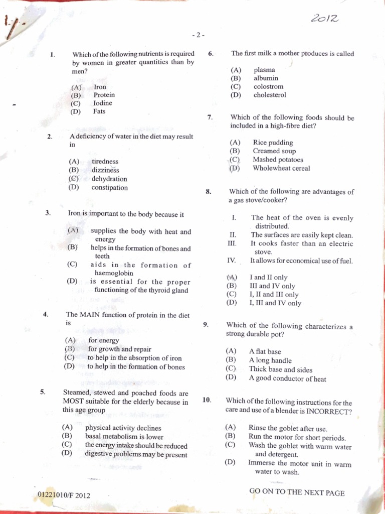 Food Past Paper 2012 P1 | PDF