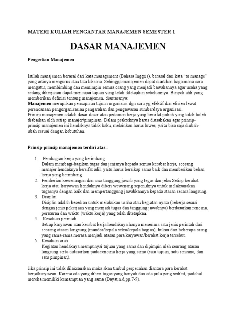 Materi Kuliah Pengantar Manajemen Semester 1 | PDF | Karier & Perkembangan