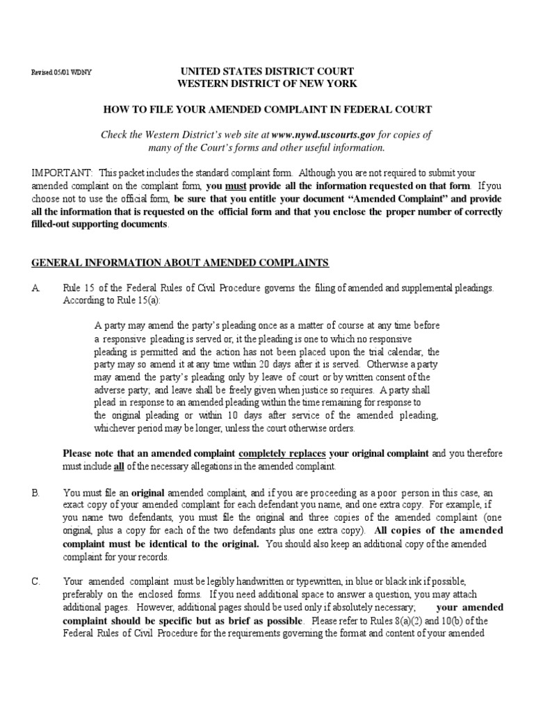 ProSe Forms Amended Complaint Instructions PDF | Download Free PDF ...