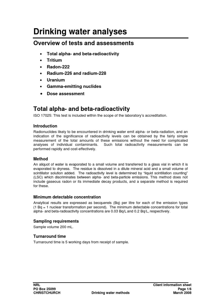 Drinking Water Analyses: Overview of Tests and Assessments | PDF ...