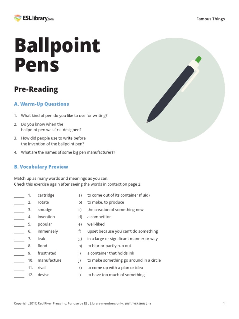 Ballpoint Pens: Pre-Reading | PDF | Pen | Writing Implements