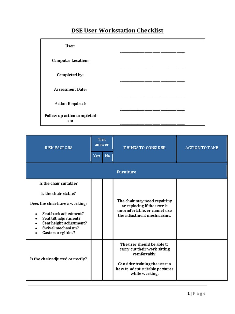 DSE User Workstation Assessment Checklist | PDF | Chair | Computer Keyboard