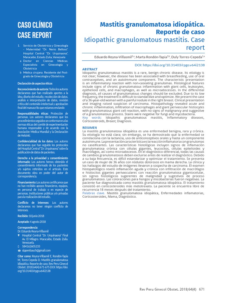 Reporte de un caso de mastitis granulomatosa idiopática diagnosticada mediante histopatología ...
