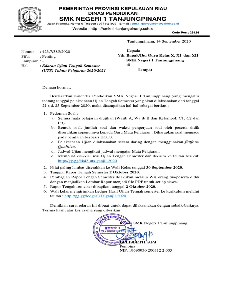 Surat Edaran Uts TP 2020-2021 | PDF