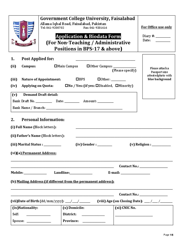 GCU Faisalabad Non-Teaching Application Form | PDF | Academic Degree | Doctor Of Philosophy