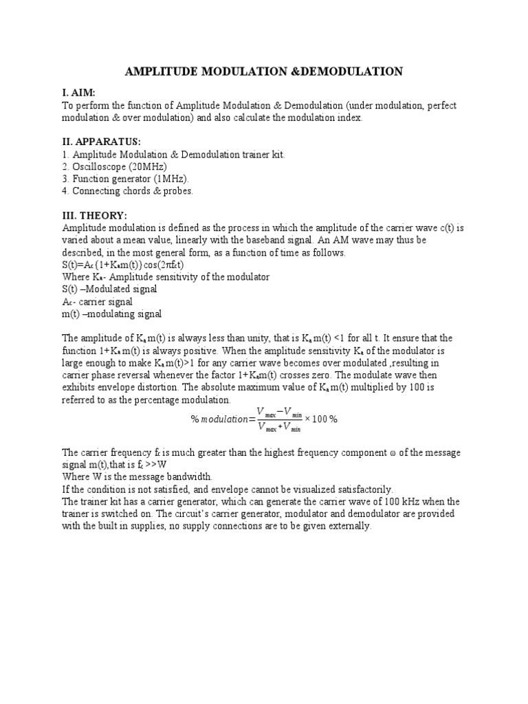 Amplitude Modulation &demodulation: I. Aim | PDF | Detector (Radio ...