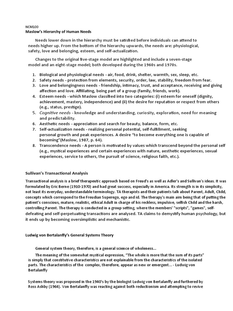 Maslow's Hierarchy of Human Needs: Sullivan's Transactional Analysis ...