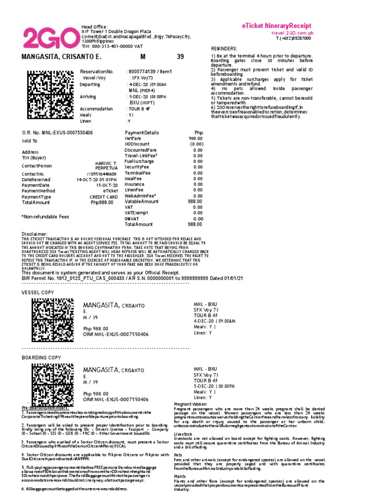 2GO Travel Itinerary Receipt | PDF | Ticket (Admission) | Identity Document