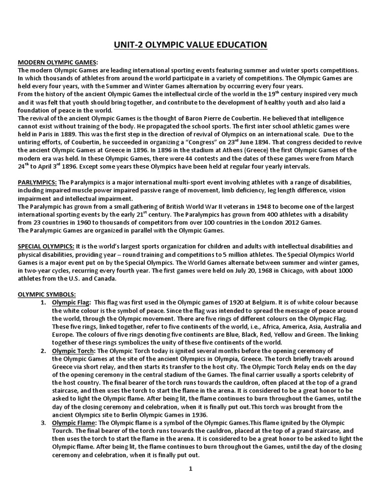 Unit-2 Olympic Value Education | PDF | Olympic Games | Paralympic Games