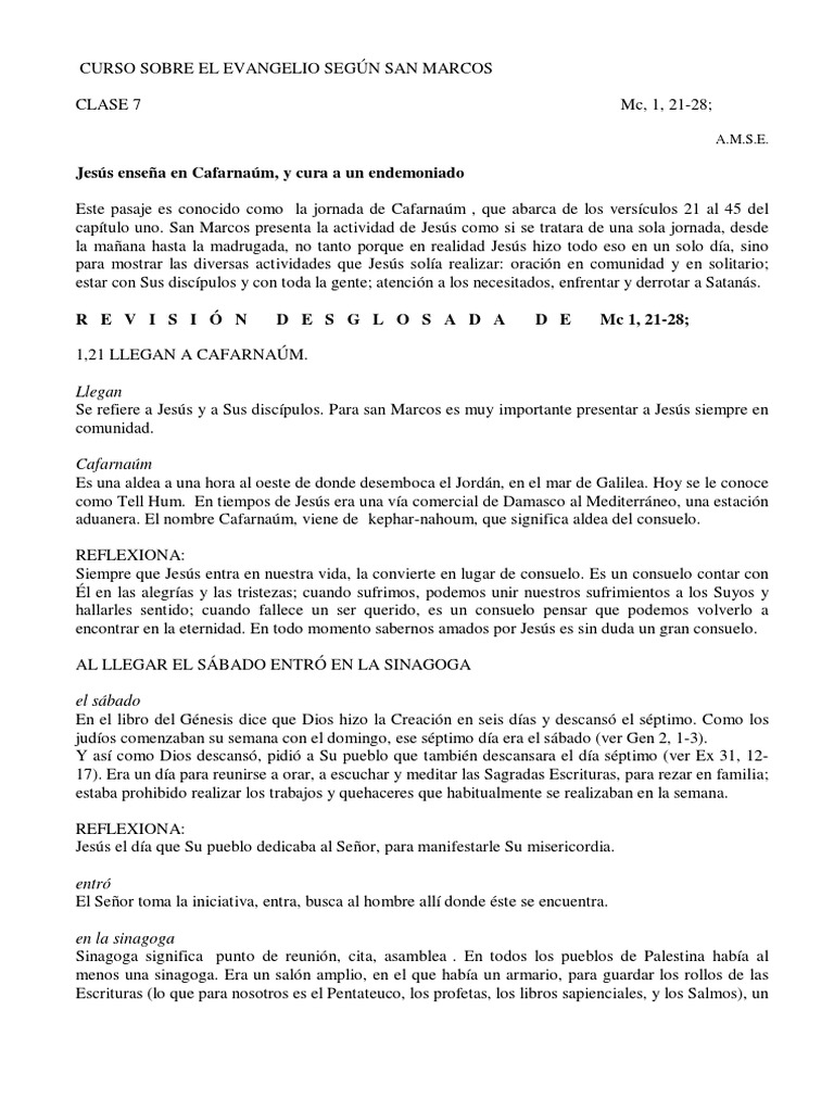 Jesús Enseña en Cafarnaúm, y Cura A Un Endemoniado: Llegan | PDF ...