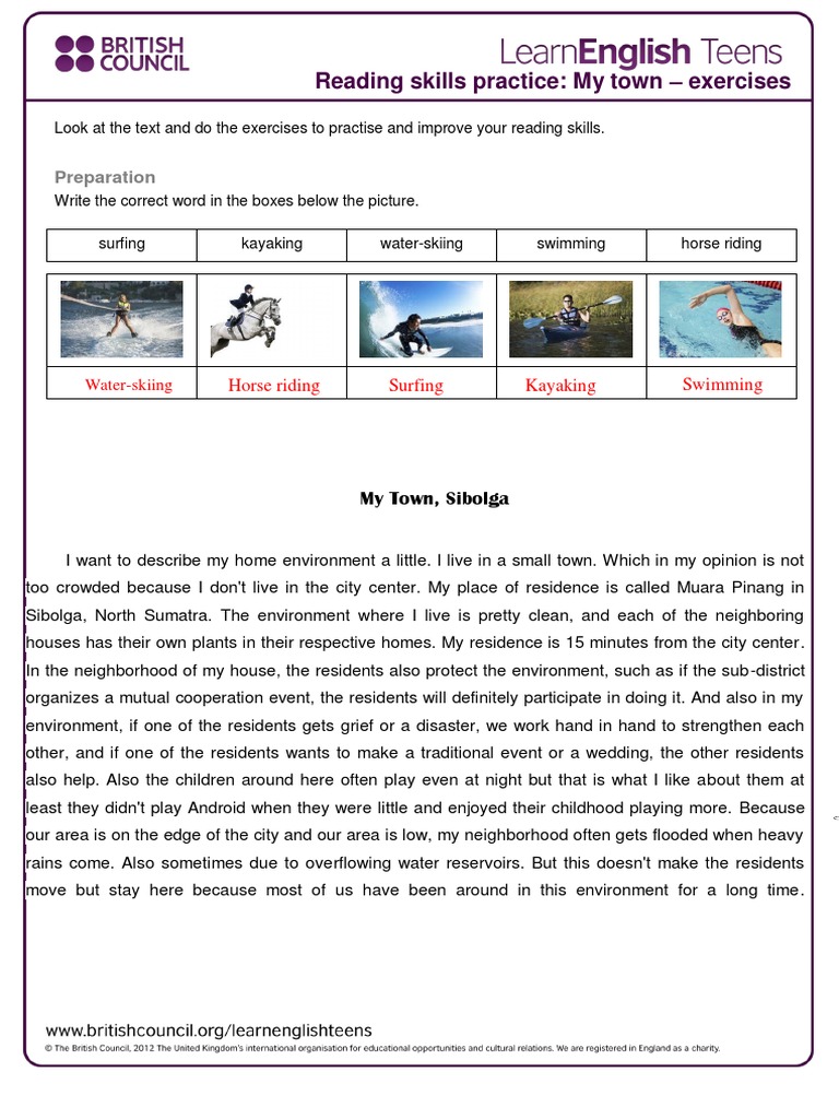 Reading Skills Practice: My Town - Exercises: Preparation | PDF | Water