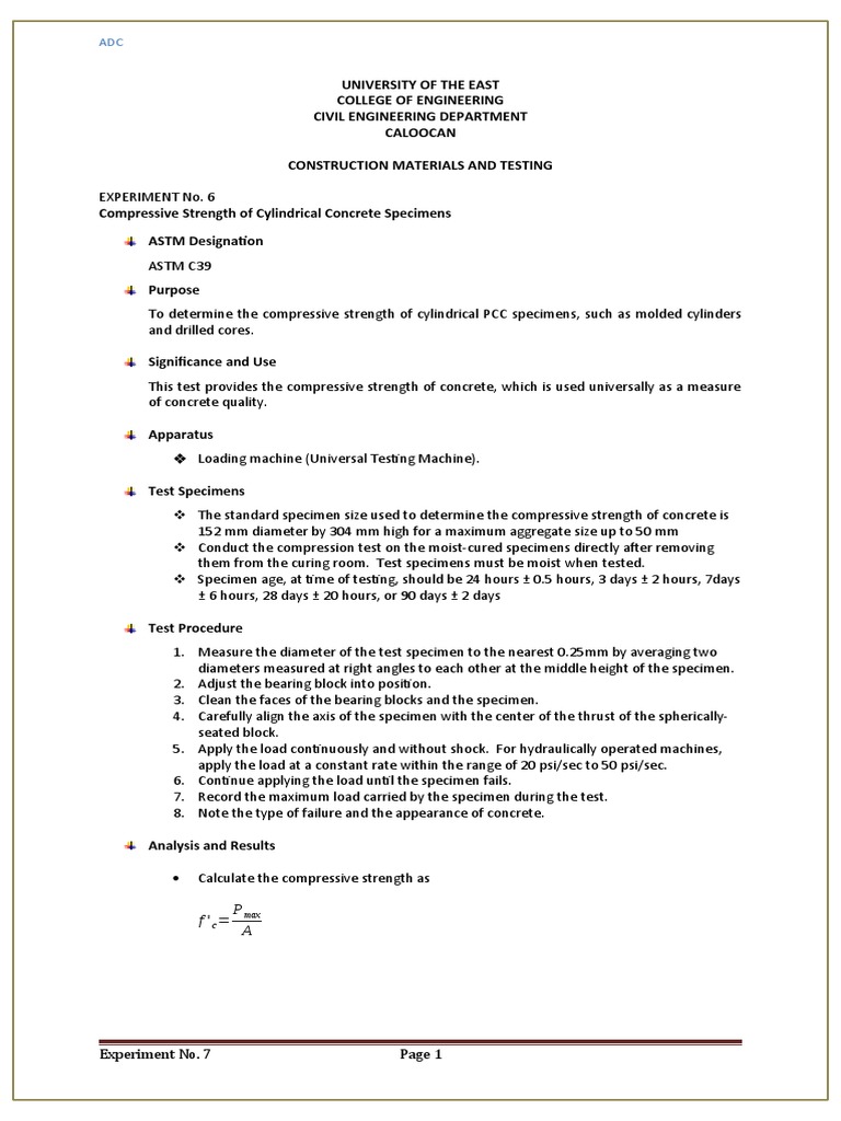 Experiment No.6 Compressive Strength of Cylindrical Concrete Specimens ...