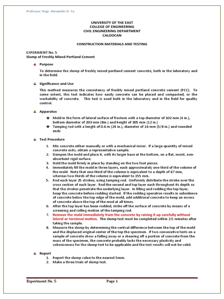 Experiment No.5 Slump of Freshly Mixed Portland Cement | PDF | Concrete ...