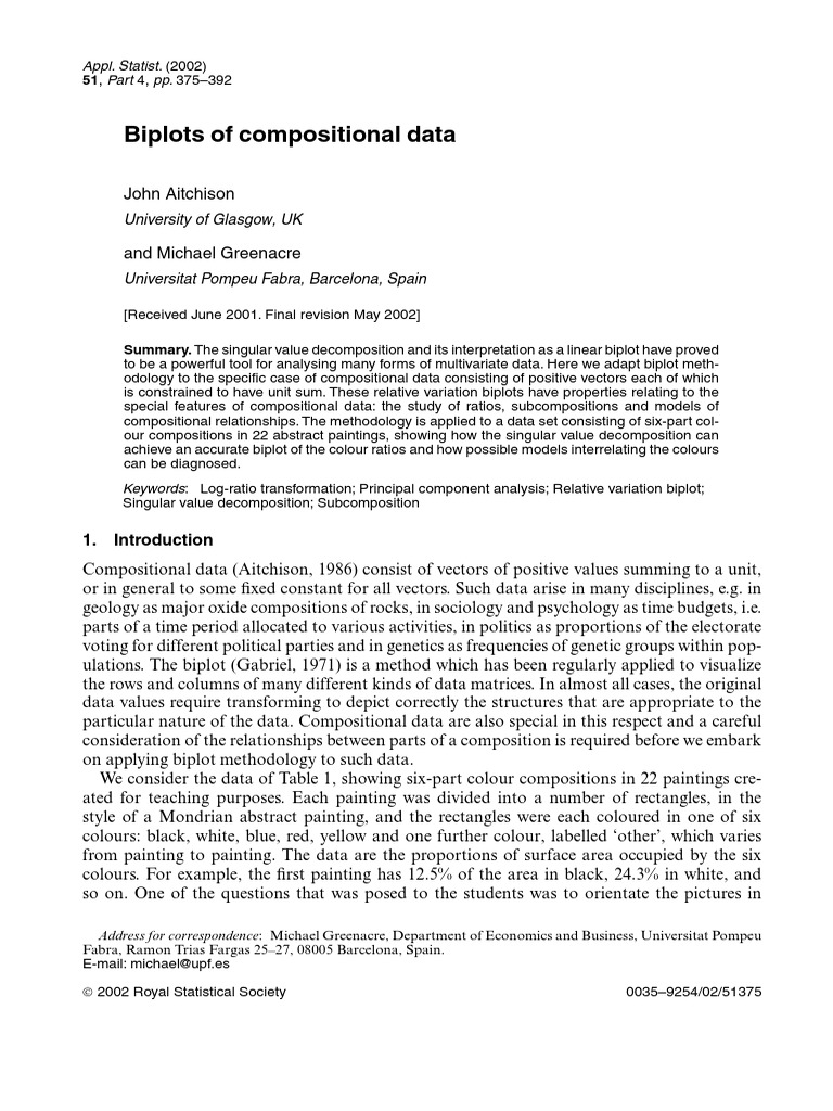 Biplots of Compositional Data: University of Glasgow, UK | PDF | Covariance Matrix | Matrix ...