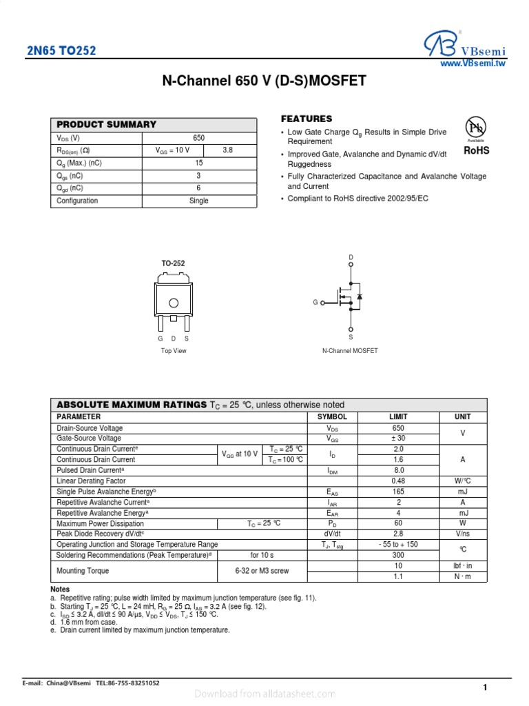 Datasheet 2N65 | PDF | Field Effect Transistor | Diode