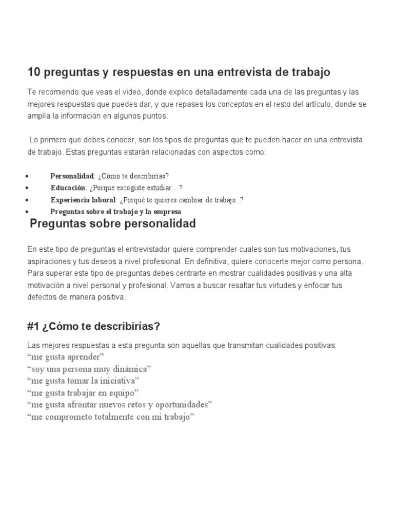 10 Preguntas y Respuestas en Una Entrevista de Trabajo | PDF ...
