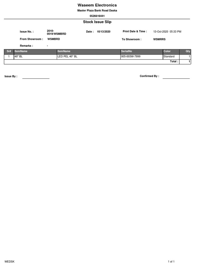 Stock Issue Slip: SR# Itemname Itemname Serialno Color Qty | PDF