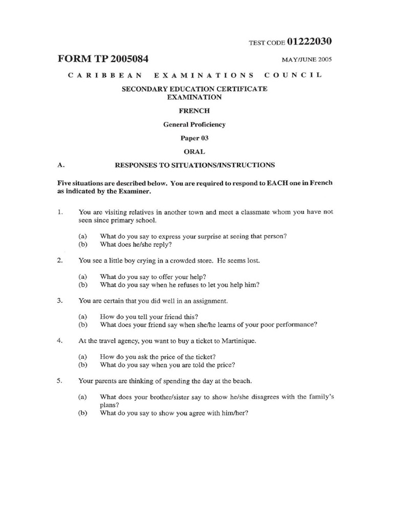 CSEC French June 2005 P3 | PDF | Test (Assessment)