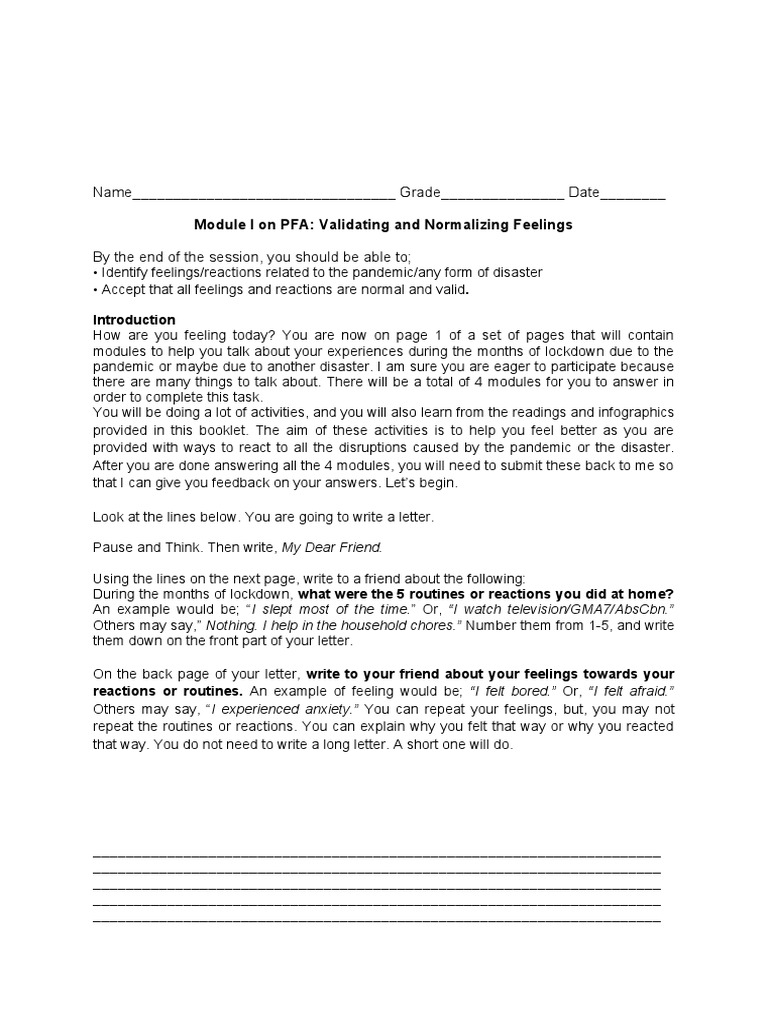 Module I On PFA: Validating and Normalizing Feelings | PDF | Feeling | Psychological Trauma