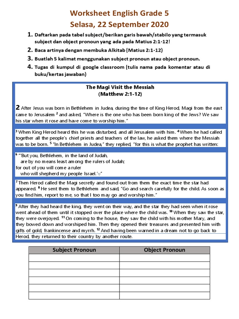 Worksheet English Grade 5 Selasa, 22 September 2020: The Magi Visit The ...
