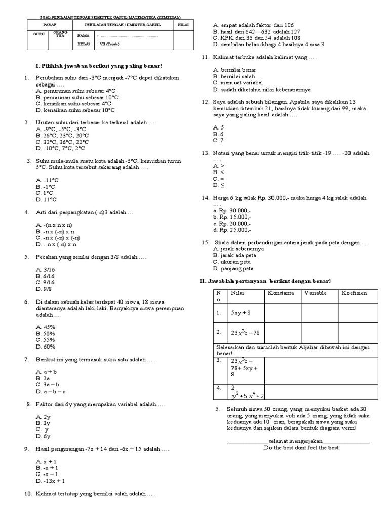 7 - Soal PTS Matematika Kelas 7 Semester 1 | PDF