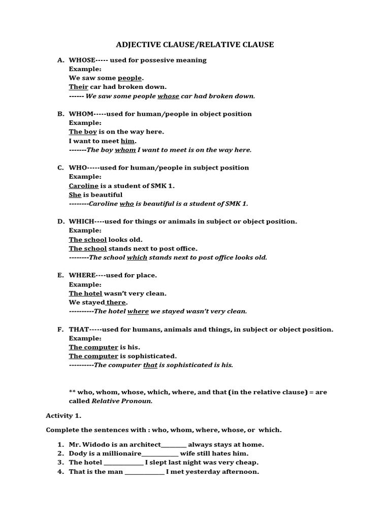 Adjective Clause/Relative Clause | PDF | Syntactic Relationships ...