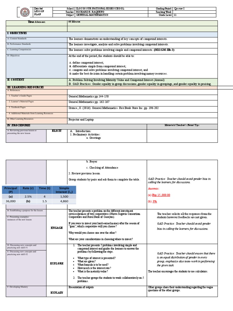 Lesson Plan in General Math With GAD Integration | PDF | Interest ...