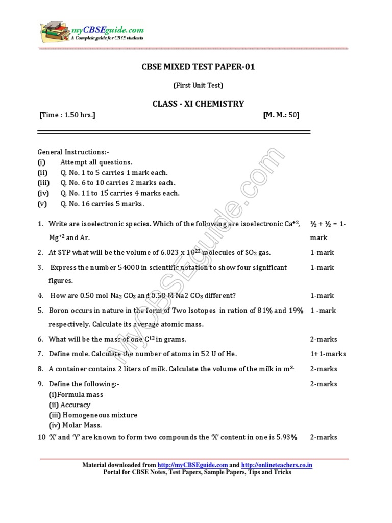 CBSE Class XI Chemistry Mixed Test Paper | PDF