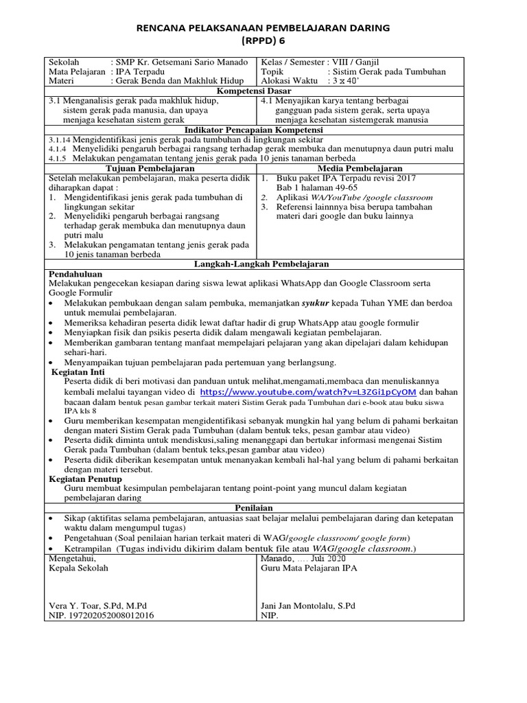 Rencana Pelaksanaan Pembelajaran Daring (RPPD) 6: Kompetensi Dasar ...