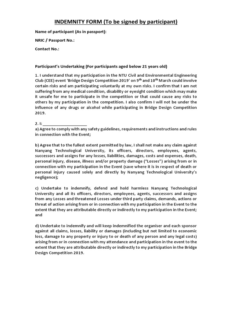 INDEMNITY FORM (To Be Signed by Participant) : Name of Participant (As ...