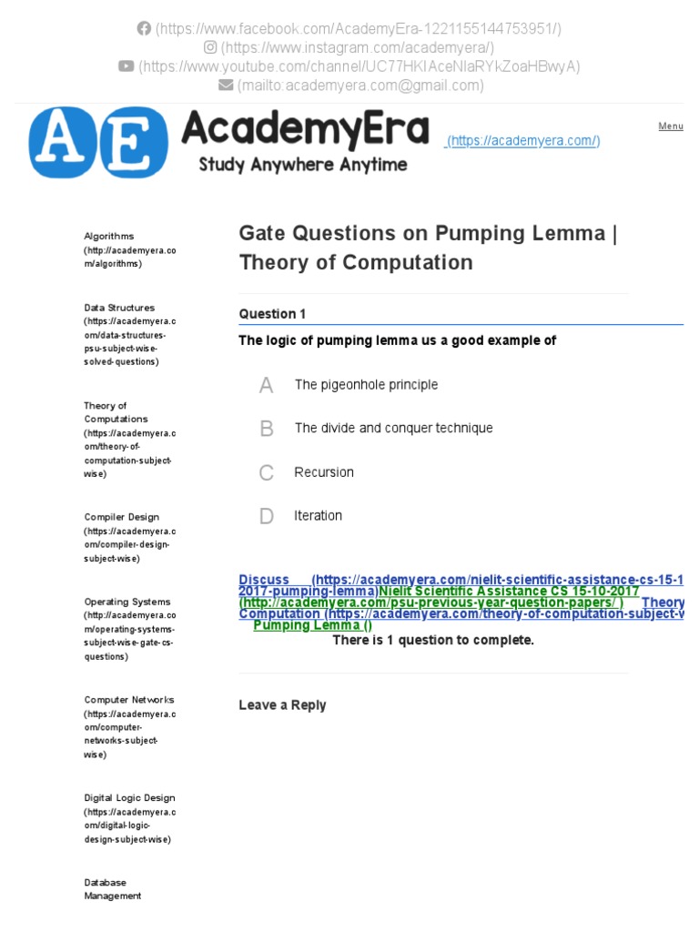 Gate Questions On Pumping Lemma - Theory of Computation - AcademyEra PDF | PDF | Applied ...