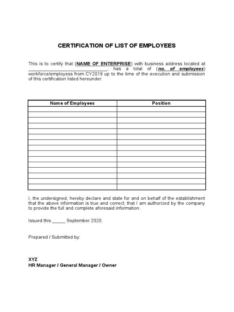 CERTIFICATION OF LIST OF EMPLOYEES - v1 | PDF